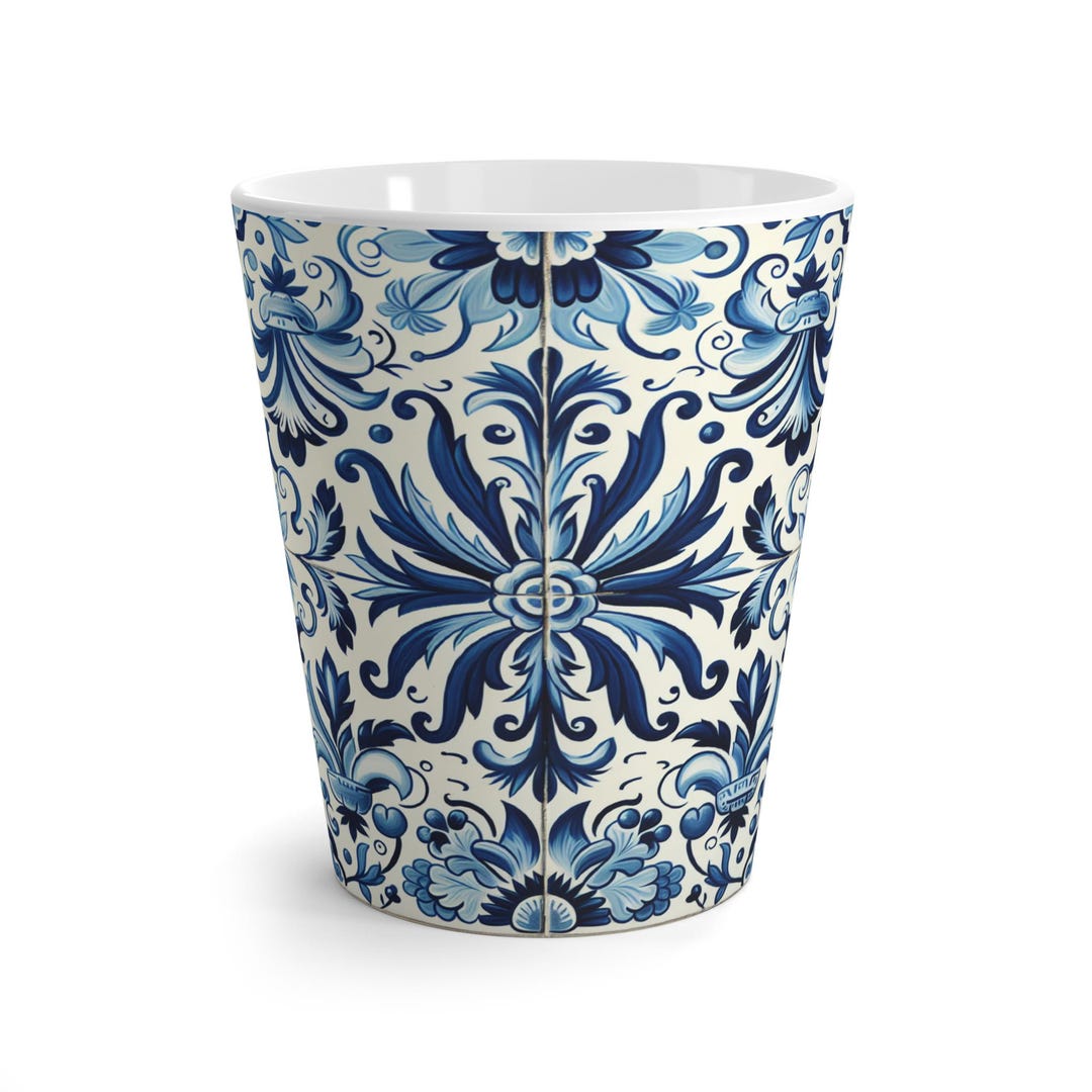Talavera Tile Design Latte Mug, Blue and White Ceramic Coffee Cup ...
