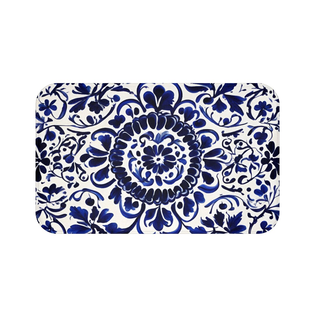 Blue and White Mexican Talavera Tile Bath Mat, Colorful Bathroom Rug ...