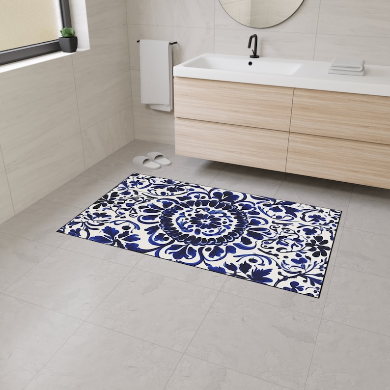 Blue and White Mexican Talavera Tile Heavy Duty Floor Mat, Blue Floor ...