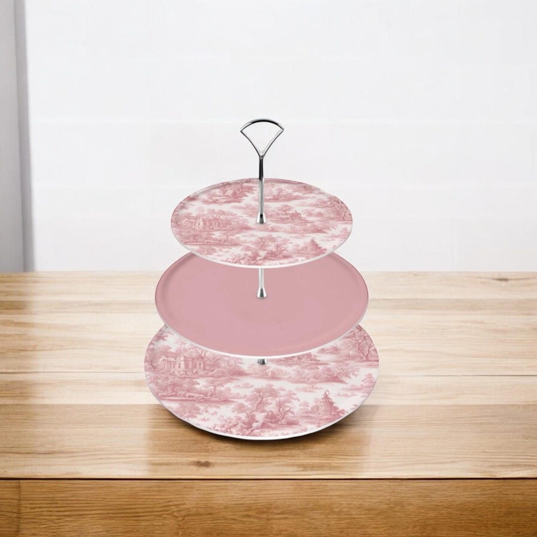 Three Tier Pink Toile Cake Stand: Party Serving Tray - Etsy