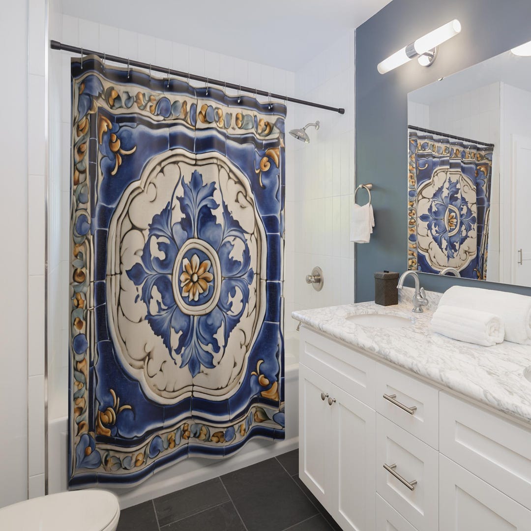 Italian Tile Shower Curtain: Mediterranean Bathroom Decor - Etsy
