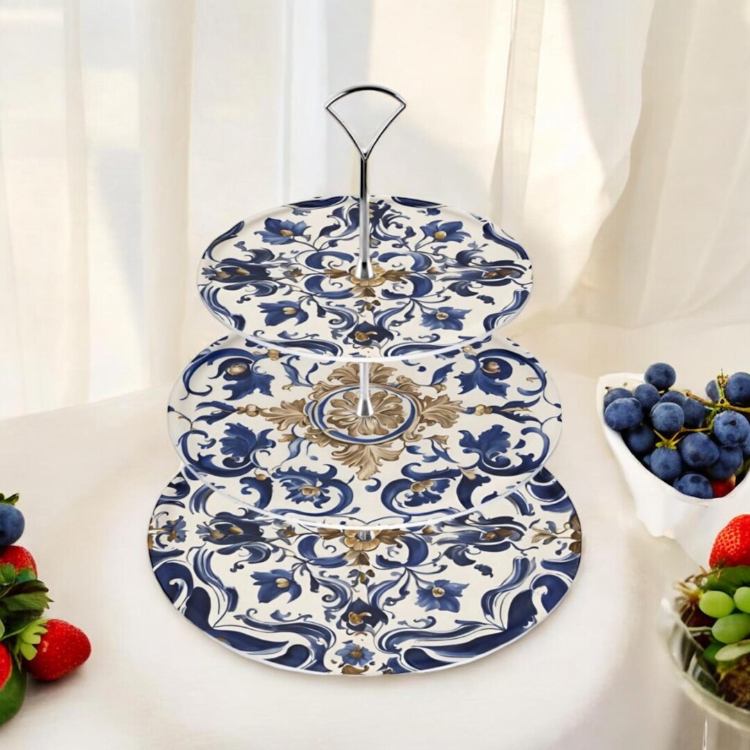 Three Tier Cake Stand, Italian Tile Cake Stand, Cupcake Stand, Blue and ...