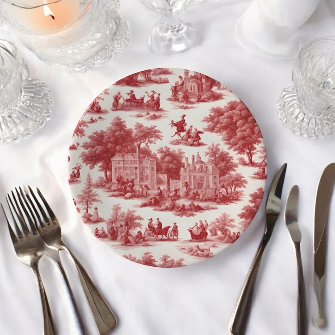 Red Toile Bone China Plate: Elegant Dinnerware - Etsy