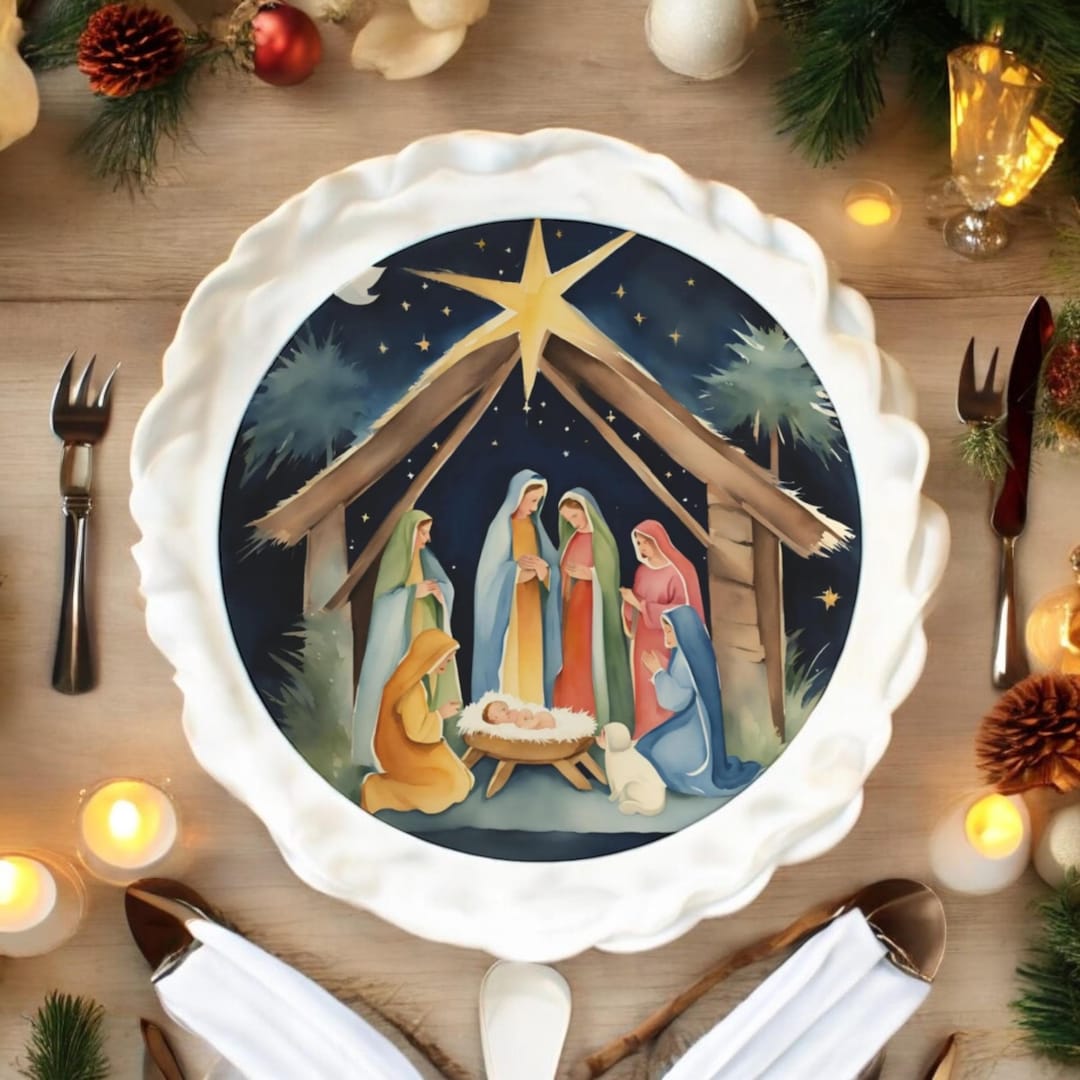 Nativity Plate: Bone China Christmas Dinnerware, Watercolor Holy Night ...