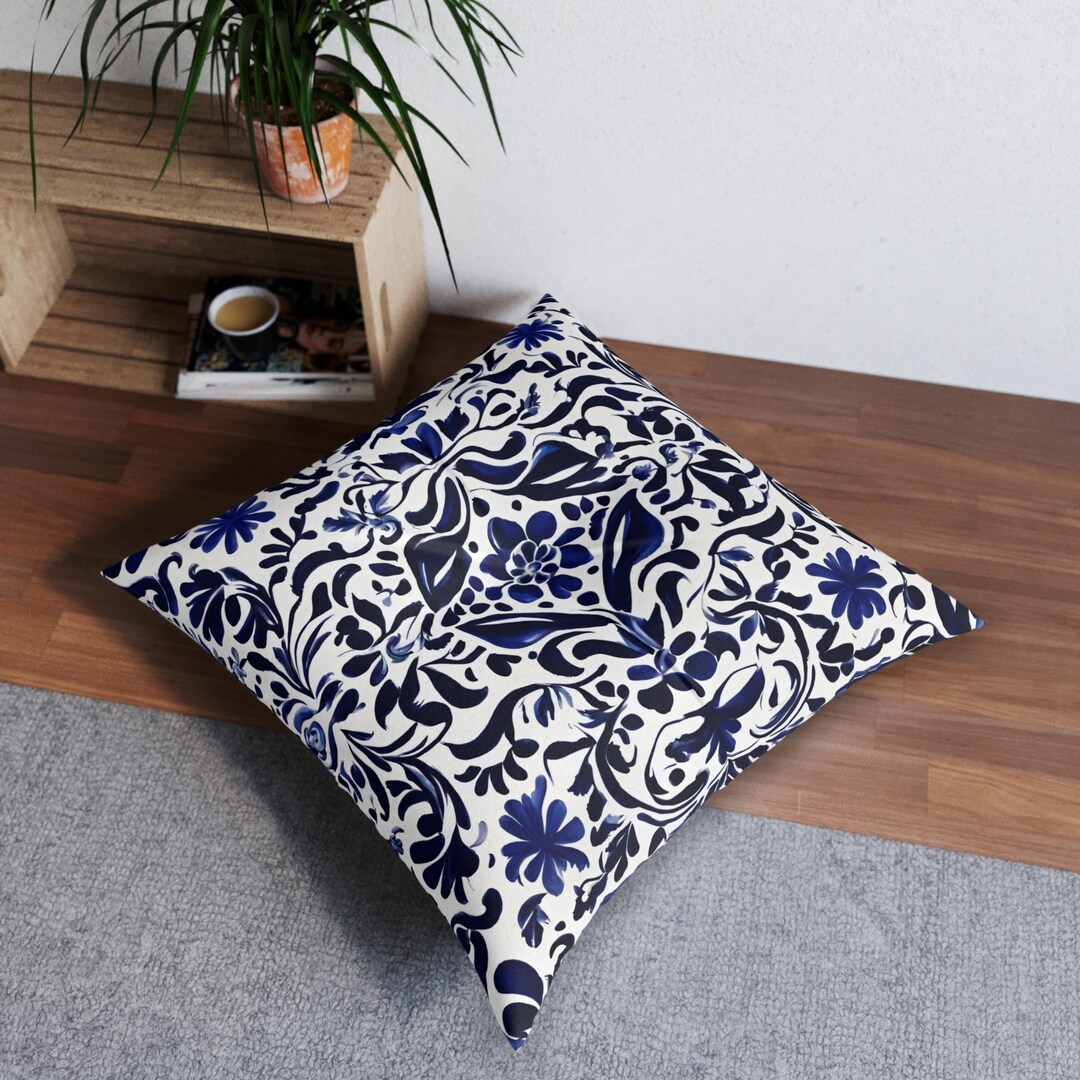 Blue and White Talavera Tile Tufted Square Floor Pillow, Floor Pillow ...