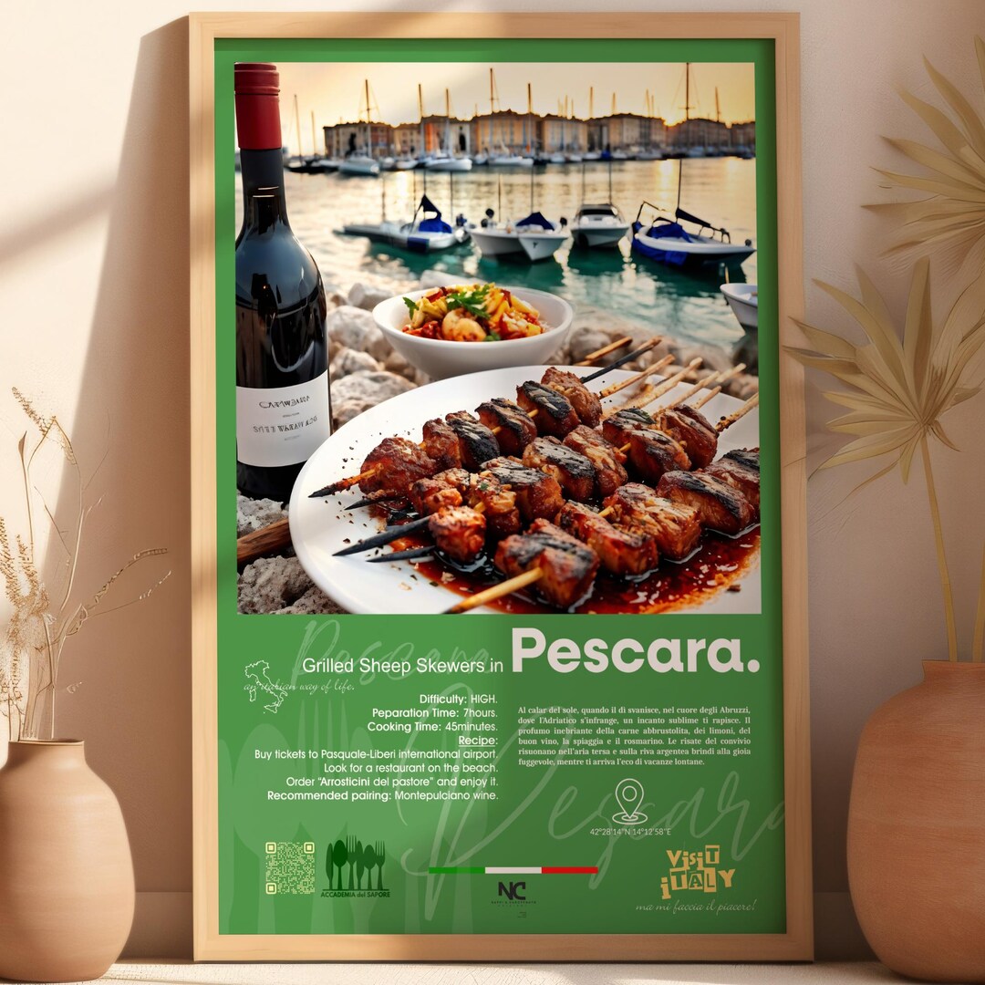 Pescara Poster, Arrosticini, Italian Food Poster, Modern Kitchen Decor, Italian Recipe, Bar and ...