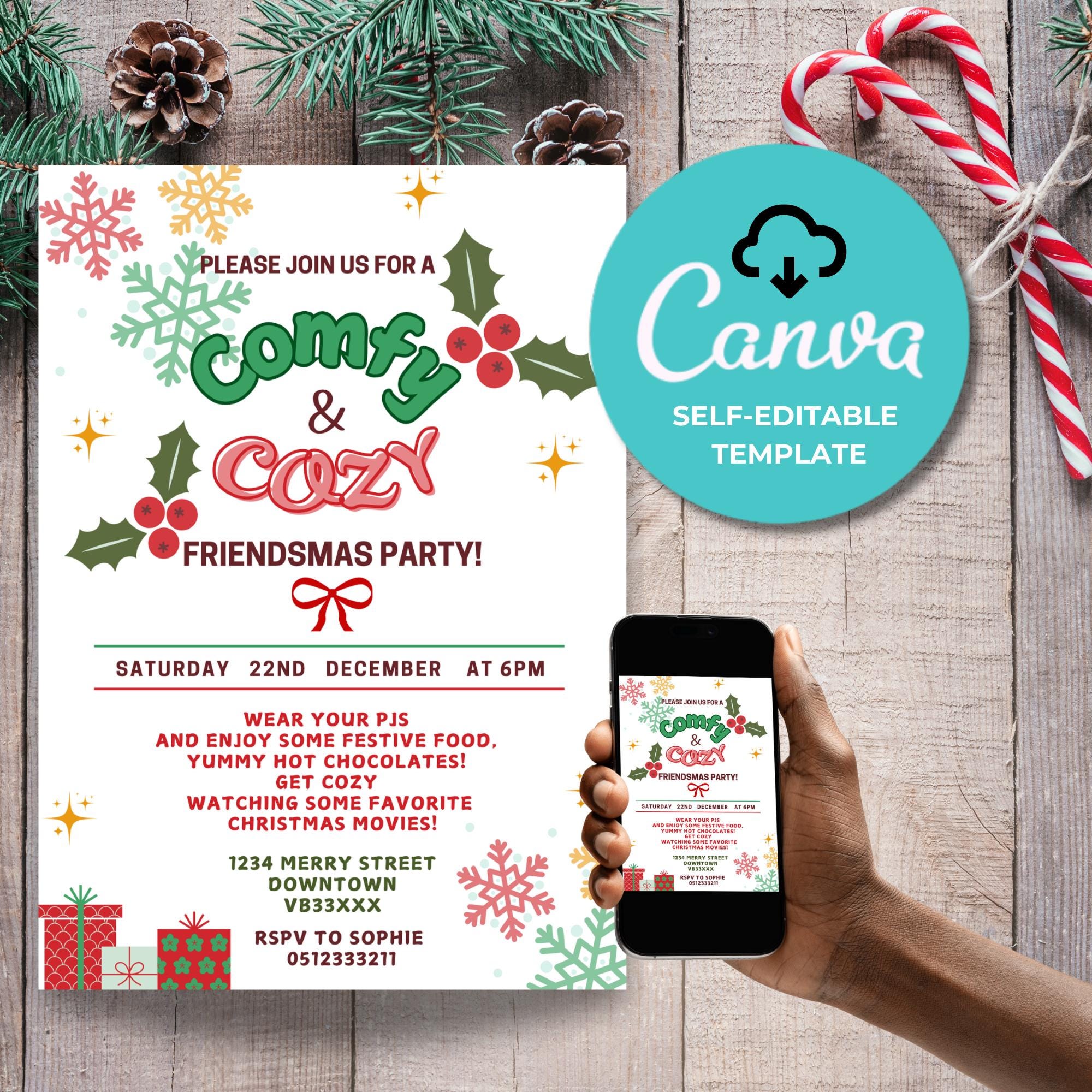 Editable Comfy and Cozy Friendsmas Invitation Template | Pj Christmas ...