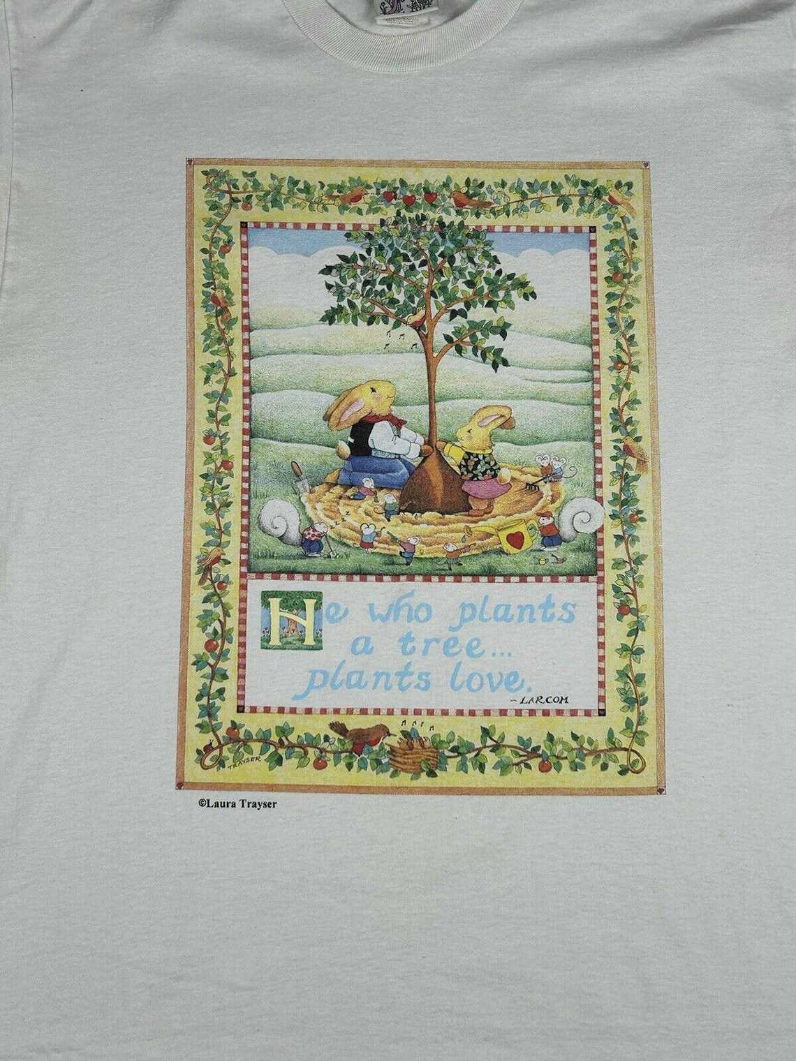 Vintage Laura Trayser Designs T-shirt Bunny Rabbit Plant Tree Love Men ...