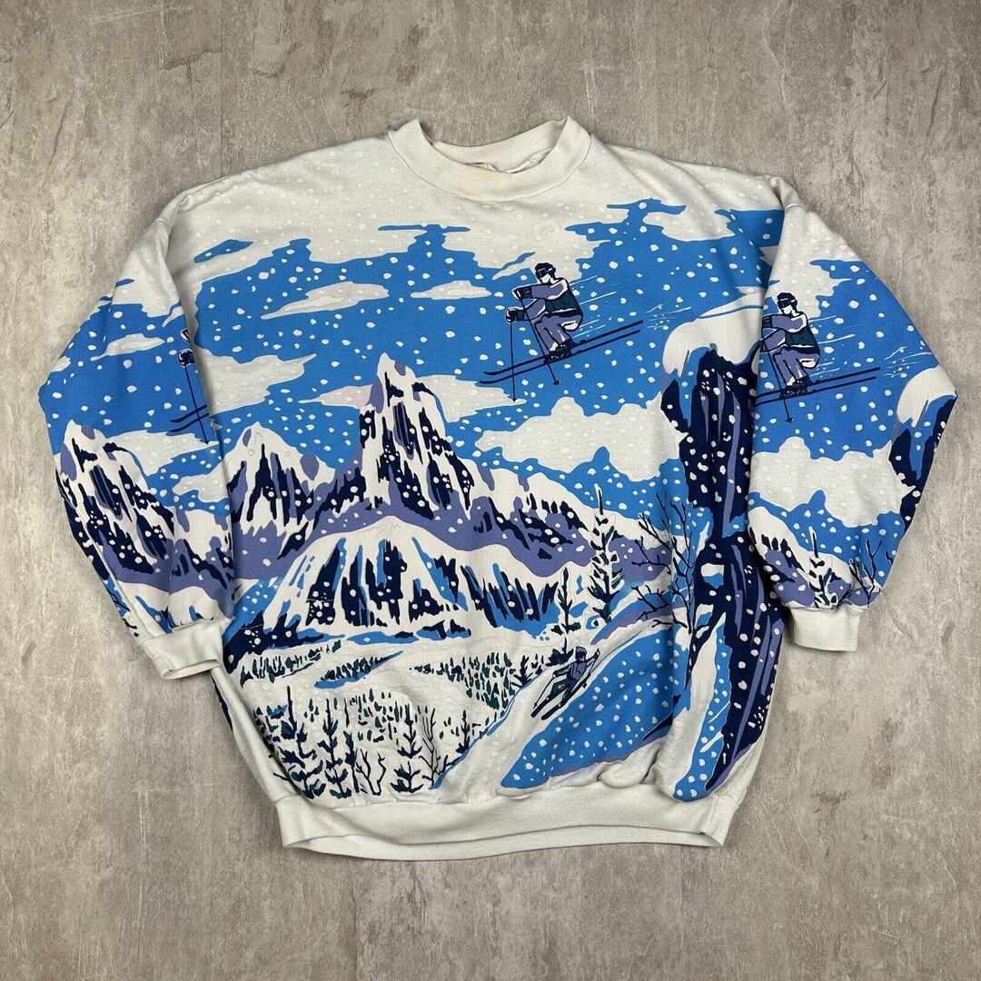 Vtg 90s Snow Mountain AOP Crewneck Sweatshirt Art Ski Grunge Womens ...
