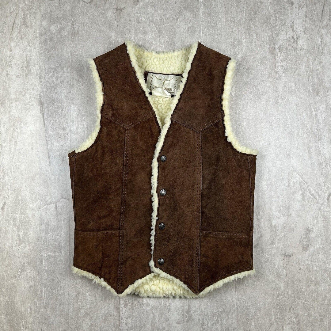 Vintage Steer Brand Cowhide Sherpa Lined Western Vest USA Mens Size S ...