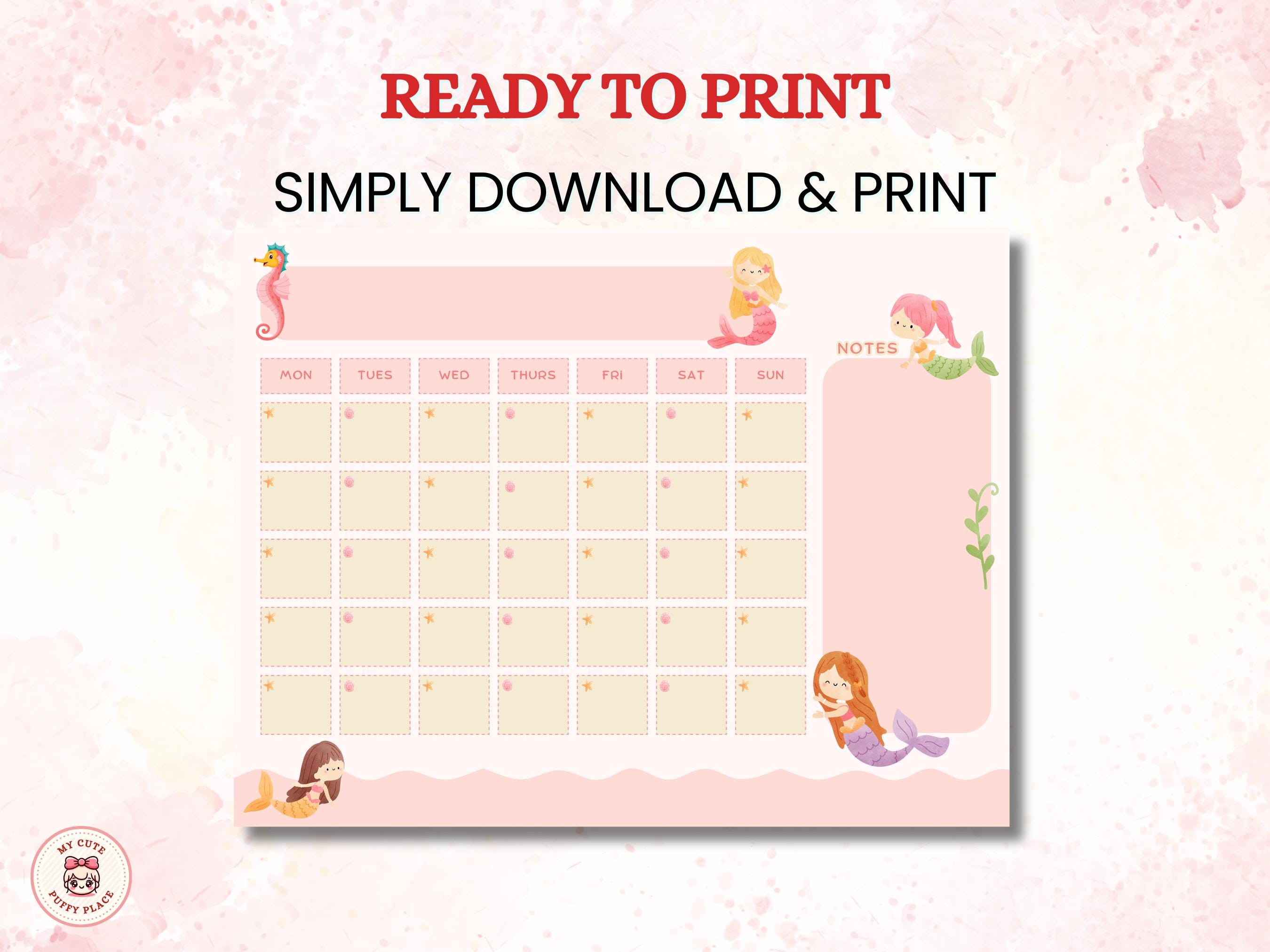 Cute Mermaid Monthly Calendar Template Printable Preschool Kawaii ...