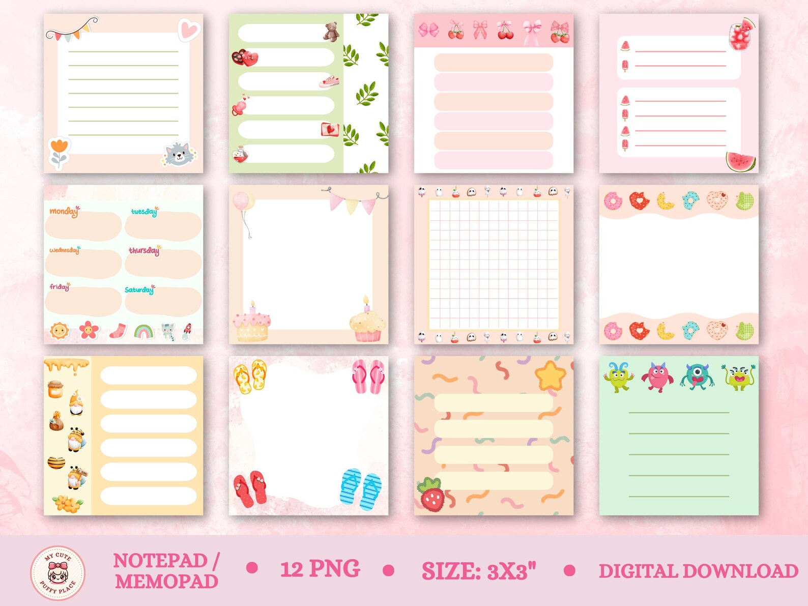 Kawaii Memopad Memo Sheets Digital Sticky Notes Template Diy Weekly ...