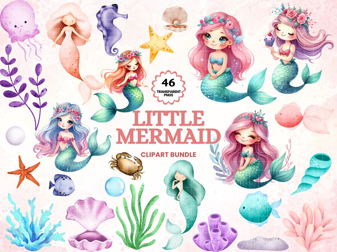 Mermaid Clipart Bundle: Sea Animals, Nursery Decor (PNG) - Etsy
