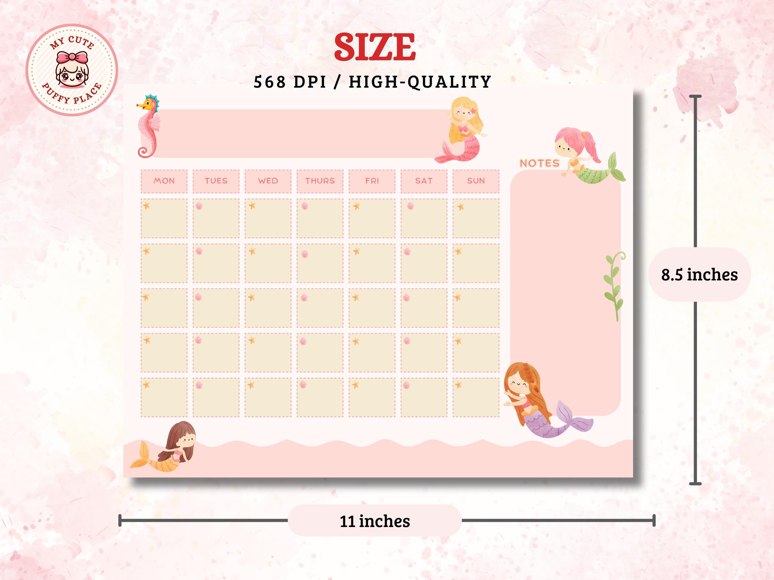 Cute Mermaid Monthly Calendar Template Printable Preschool Kawaii ...