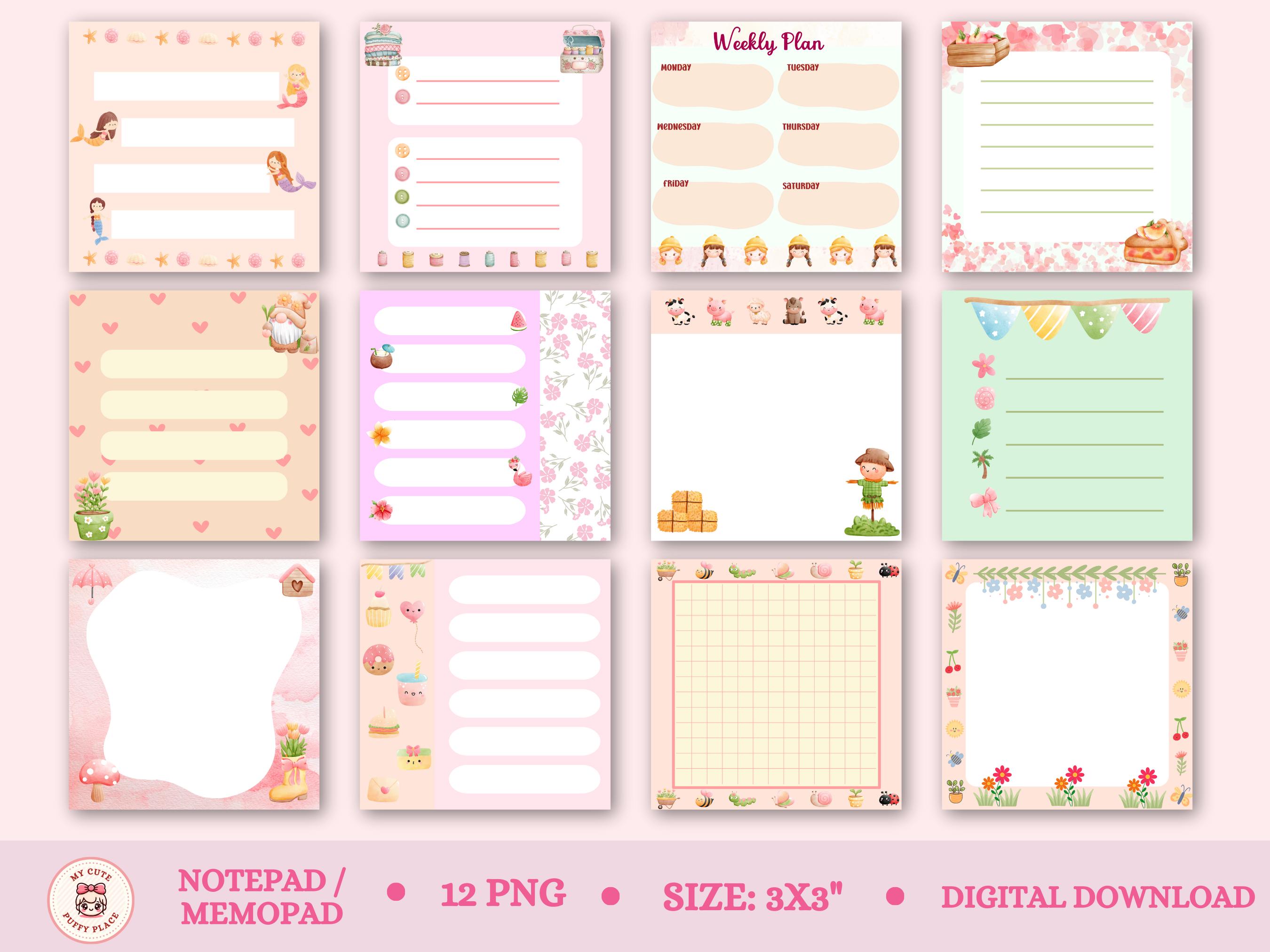 Kawaii Memopad Memo Sheets Digital Sticky Notes Template Diy Weekly ...
