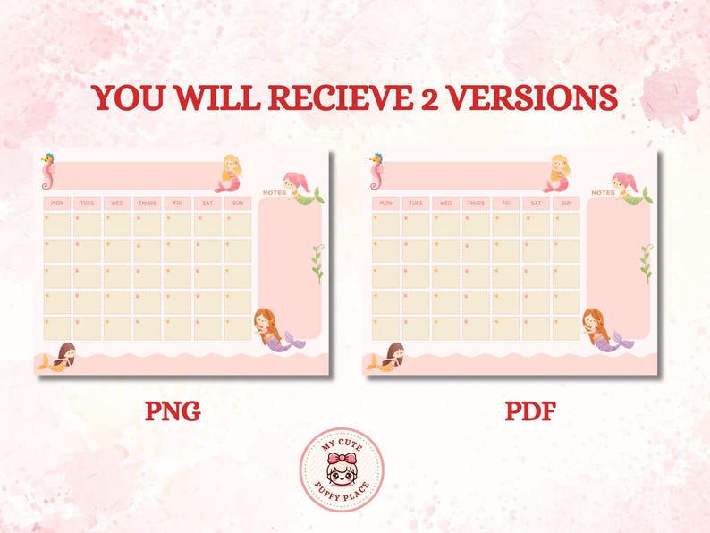 Cute Mermaid Monthly Calendar Template Printable Preschool Kawaii ...