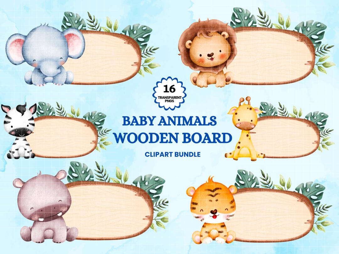 Baby Animal Safari Clipart: Wooden Sign Frames (PNG, Commercial Use) - Etsy