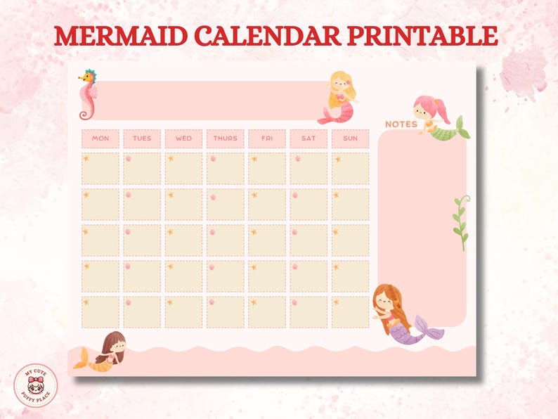 Cute Mermaid Monthly Calendar Template Printable Preschool Kawaii ...