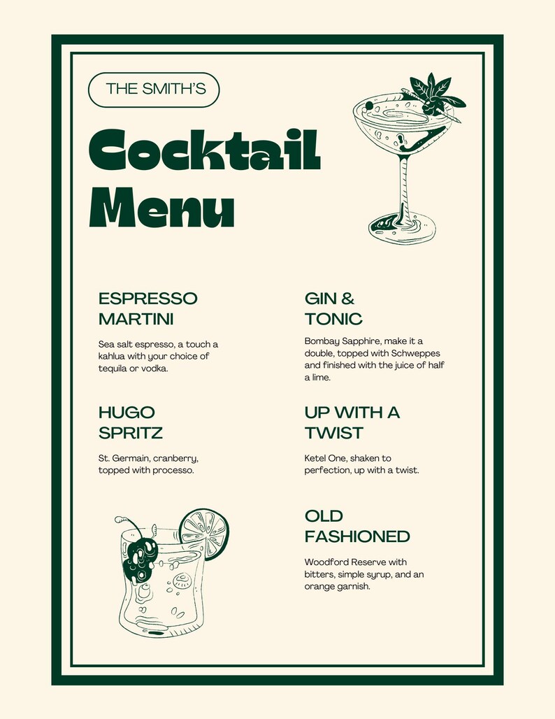 Modern & Classy Cocktail Menu Template - Etsy