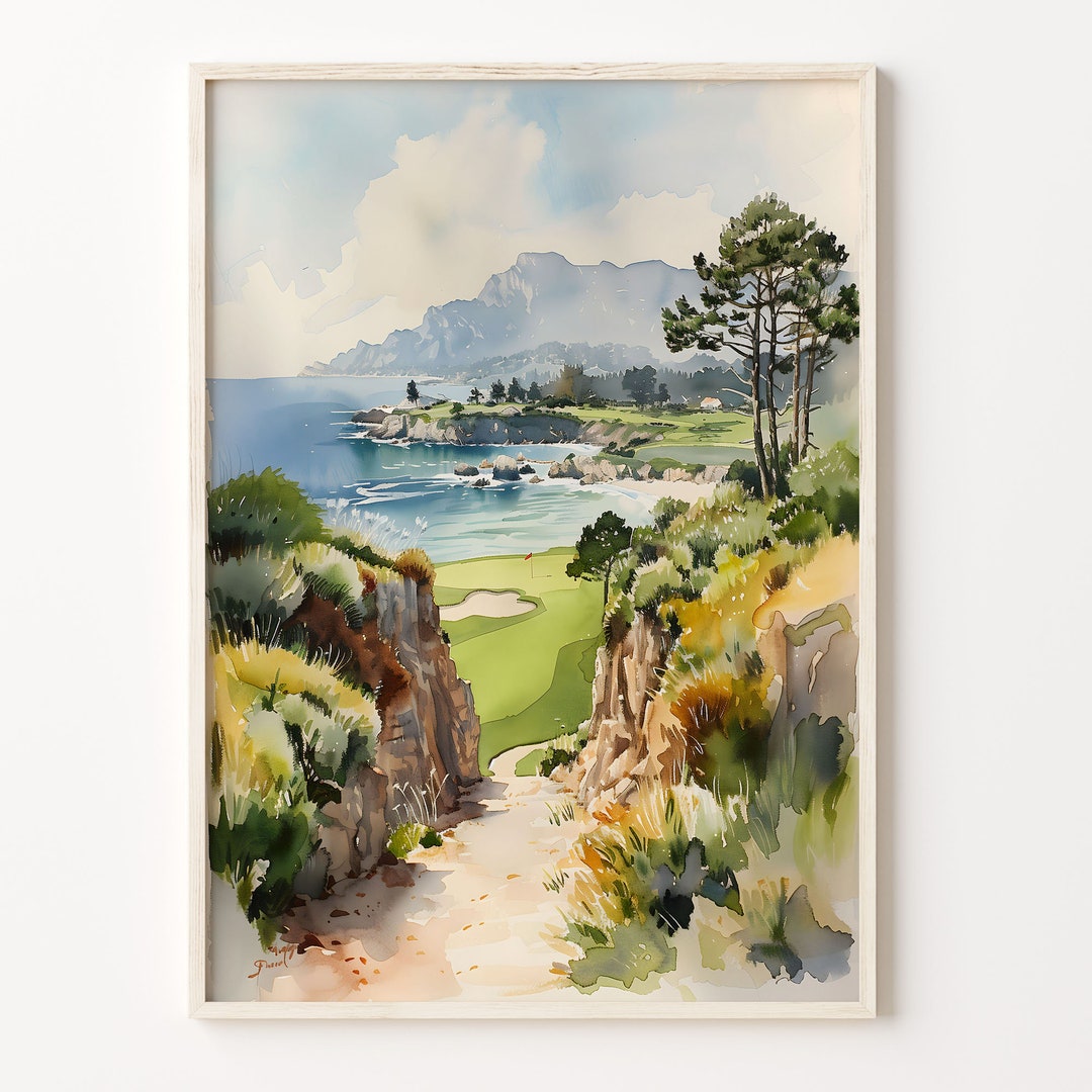 Pebble Beach Golf Links Watercolor Painting: Coastal Wall Art - Etsy