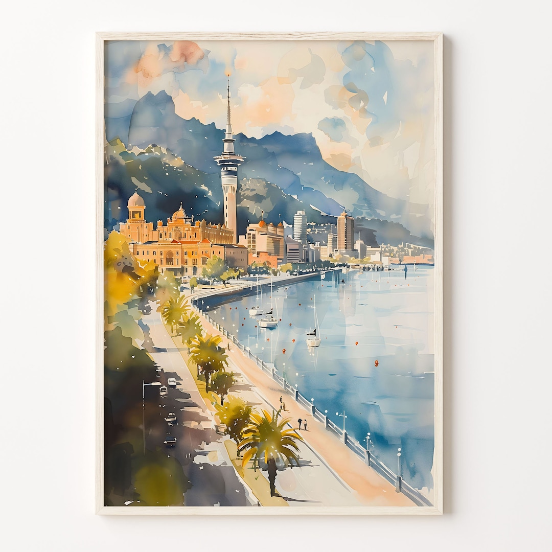 Auckland Evening Watercolor Painting, New Zealand Poster, Wall Art ...