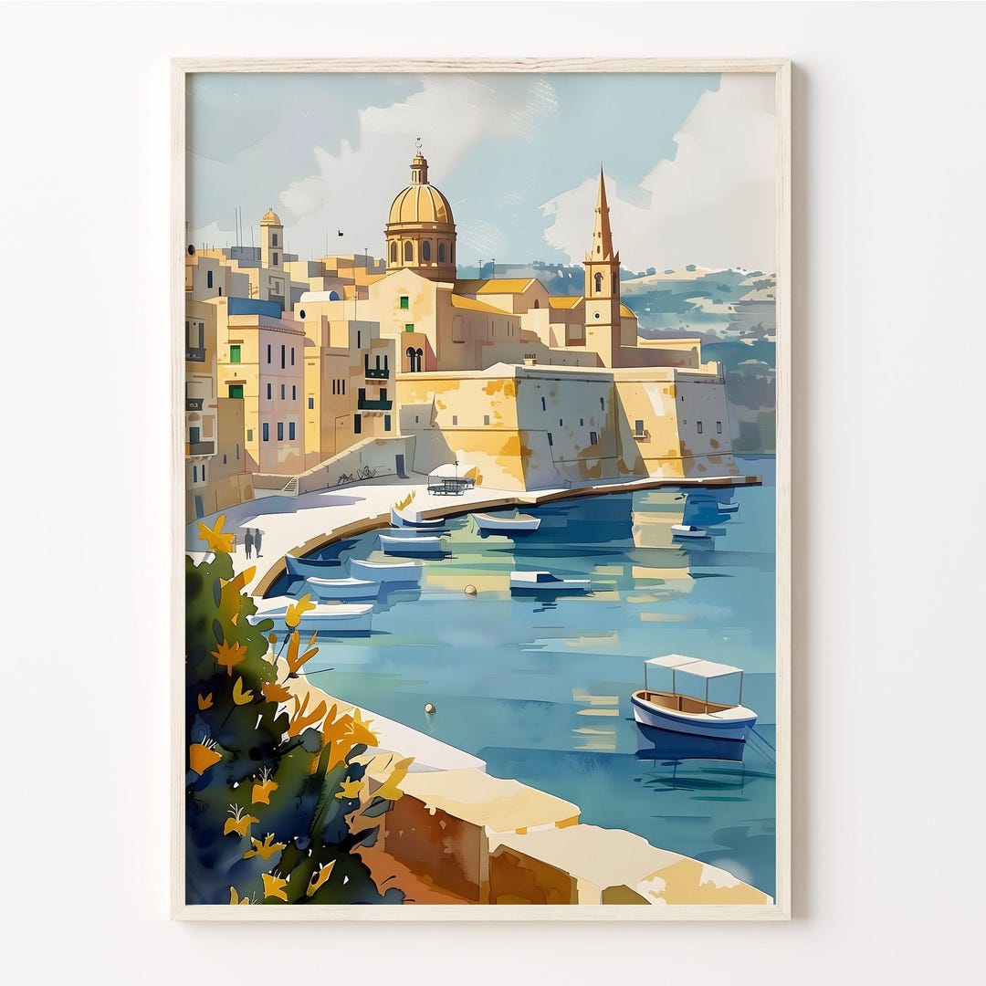 Watercolor Painting, Malta Travel Poster, Valetta Wall Art, Coastal ...