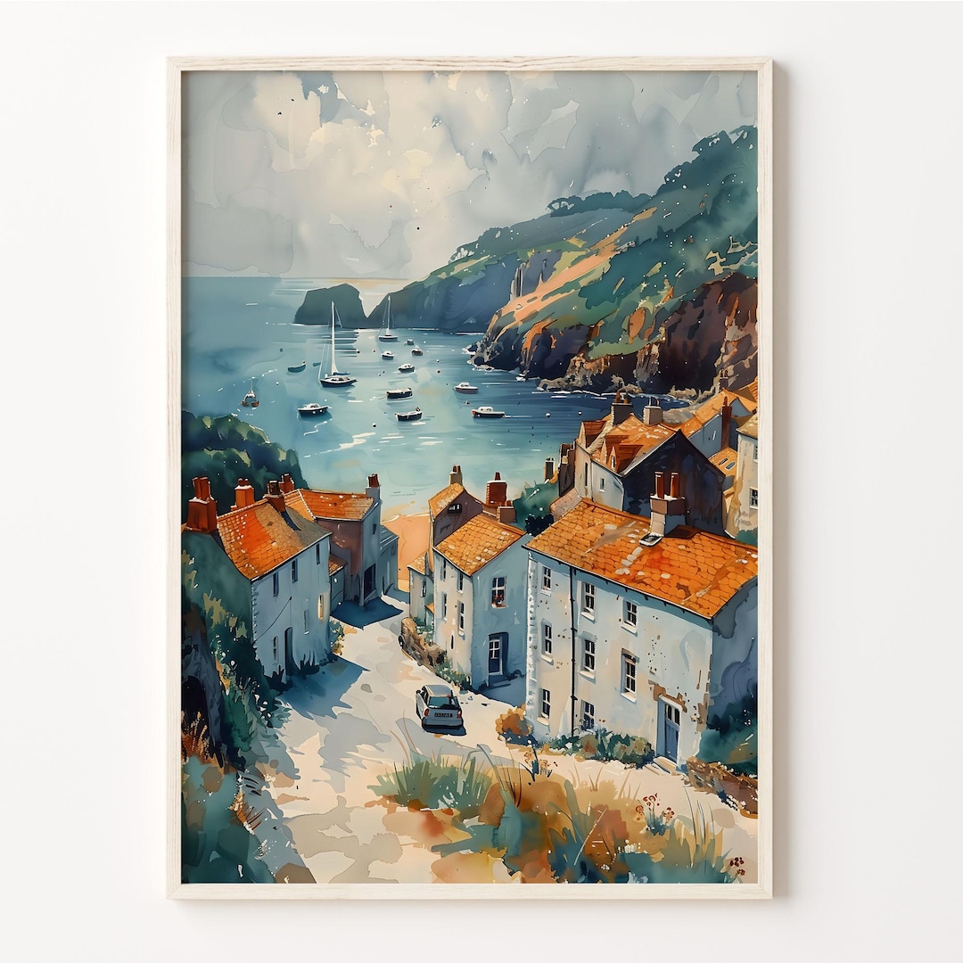Cornwall Watercolor Painting, Port Isaac Poster, Vintage UK Wall Art ...