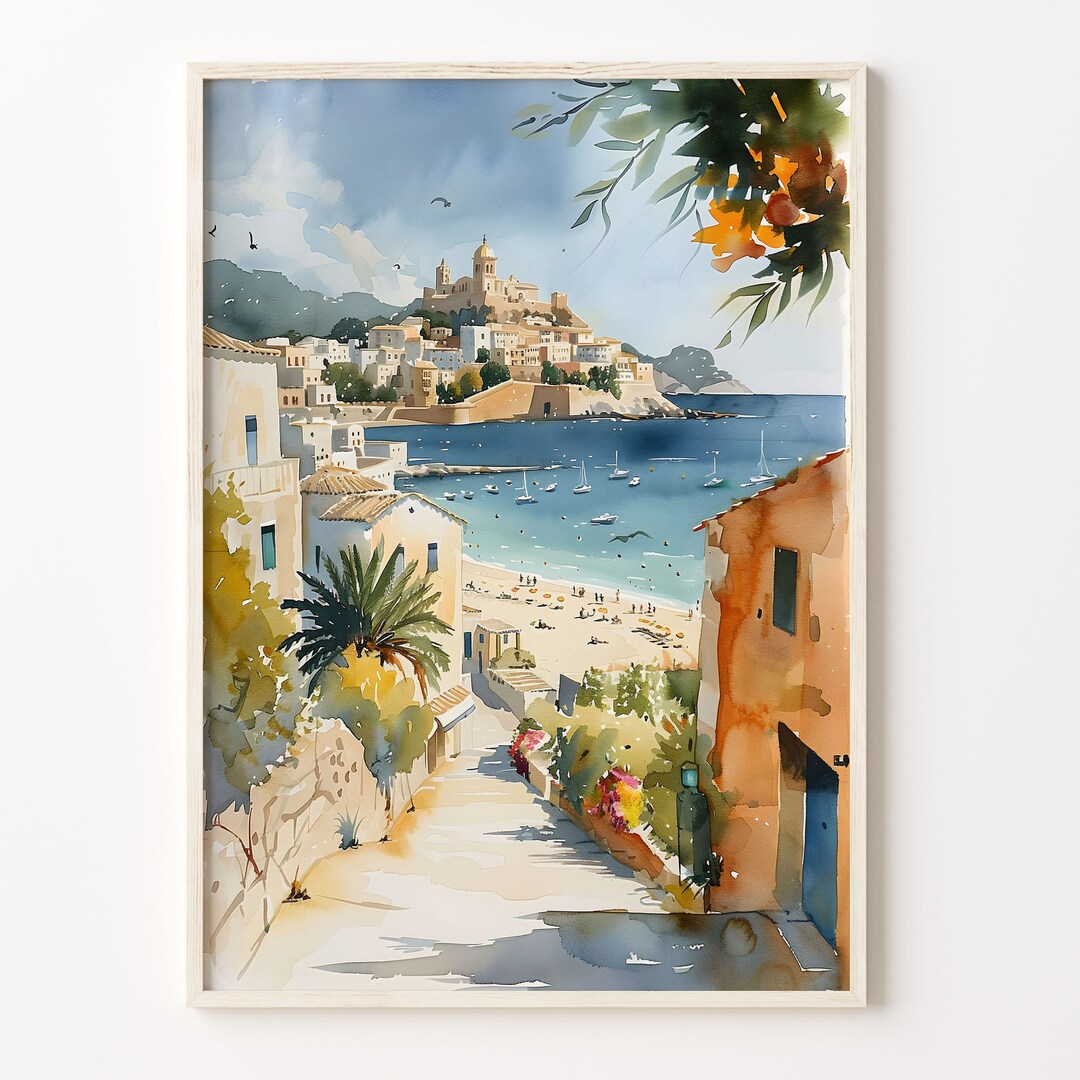 Ibiza Watercolor Painting, Travel Poster, Beach Wall Art, Coastal Decor ...