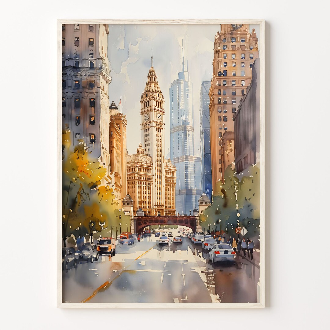Chicago Watercolor Print: Vintage Illinois Travel Poster - Etsy