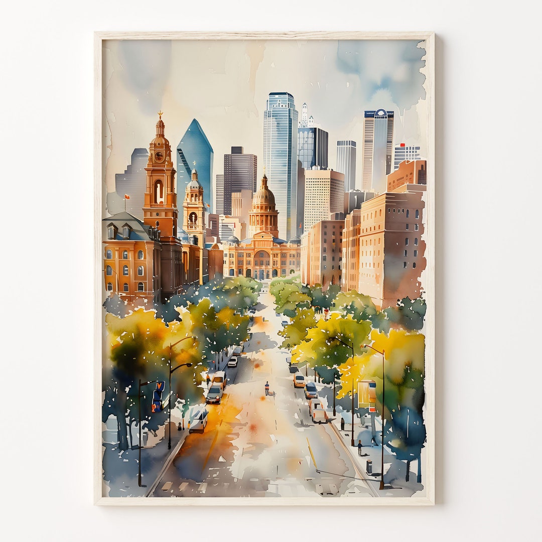 Dallas Watercolor Print: Texas Travel Poster, Mid-century Modern Art - Etsy