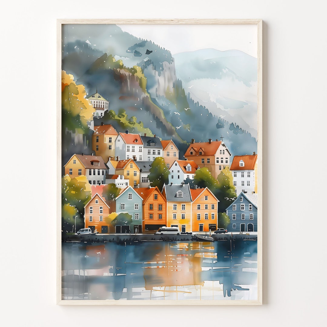 Bergen Norway Watercolor Art Print: Trendy Travel Poster - Etsy