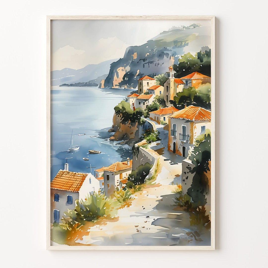 Kefalonia Greece Watercolor Painting: Coastal Village Art Print - Etsy