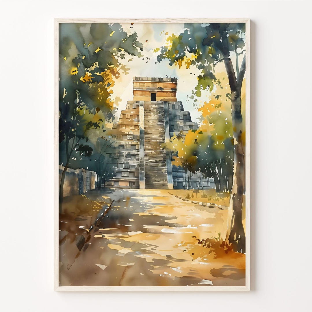 Chichen Itza Watercolor Painting, Chichen Itza Travel Print, Wall Art ...
