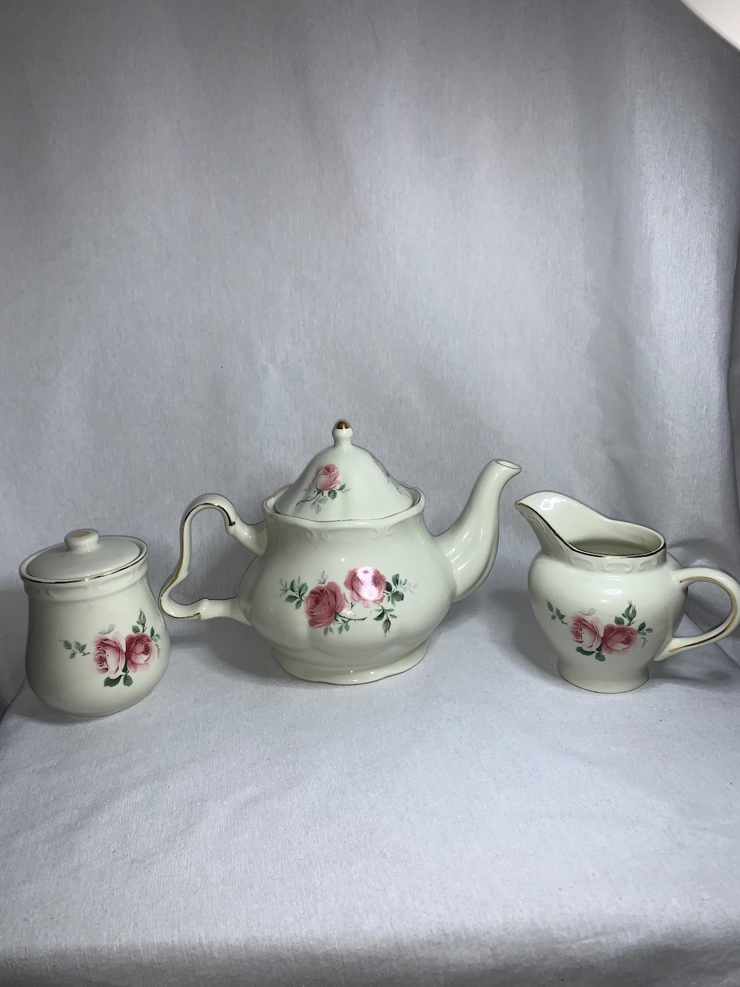 Vintage Pink Rose With Gold Trim Tea Set (teapot,creamer,sugar) - Etsy