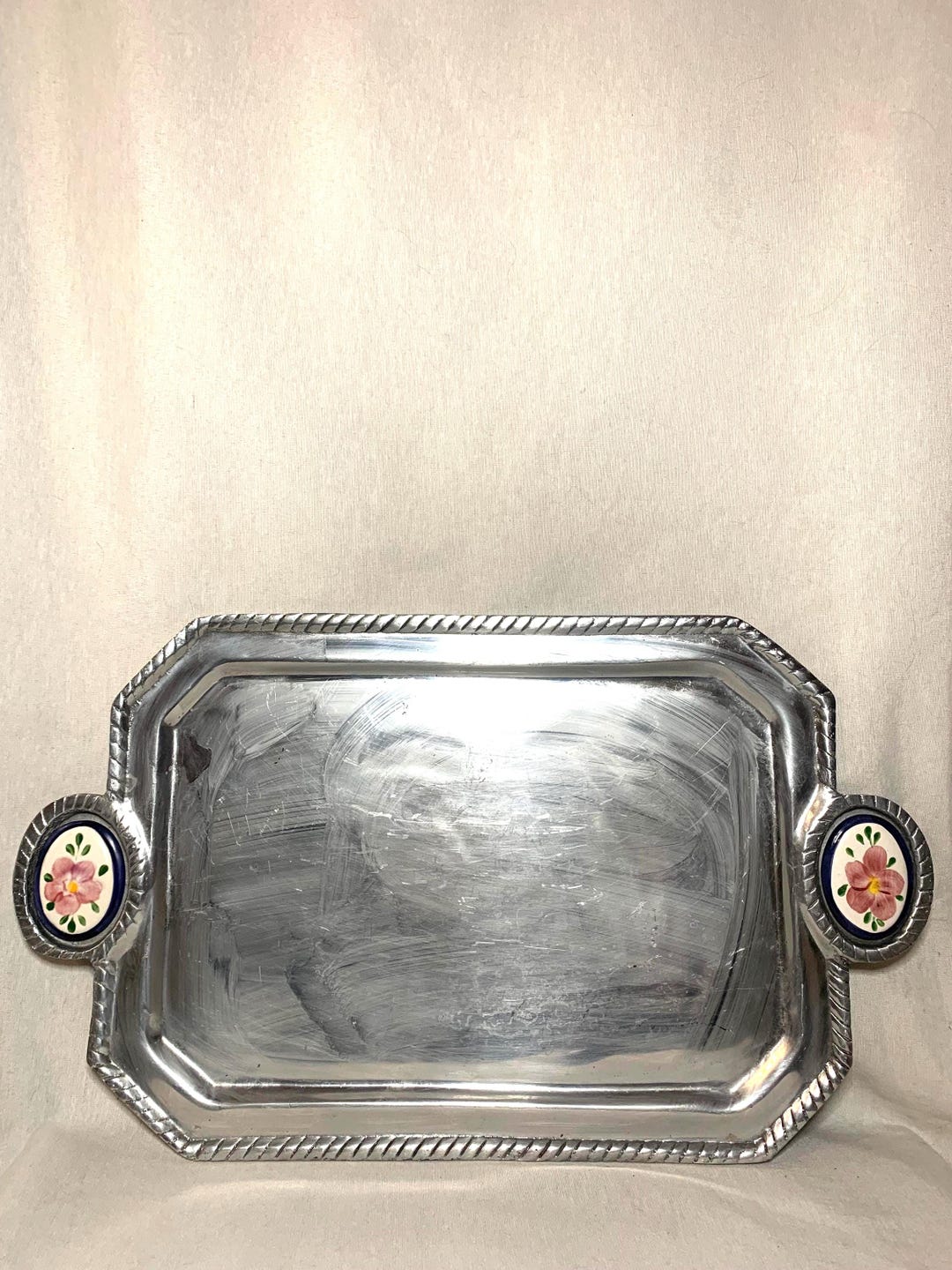 Vintage Pair of Mexican Pewter Rope Braid Serving Trays With Floral ...