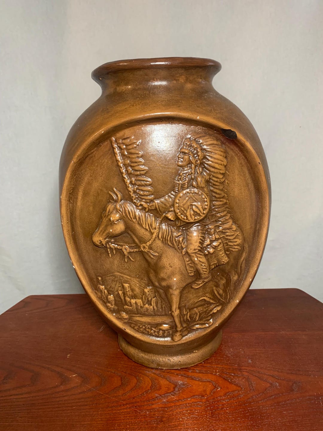 Vintage Native American Chief Relief Pottery Vase - Etsy