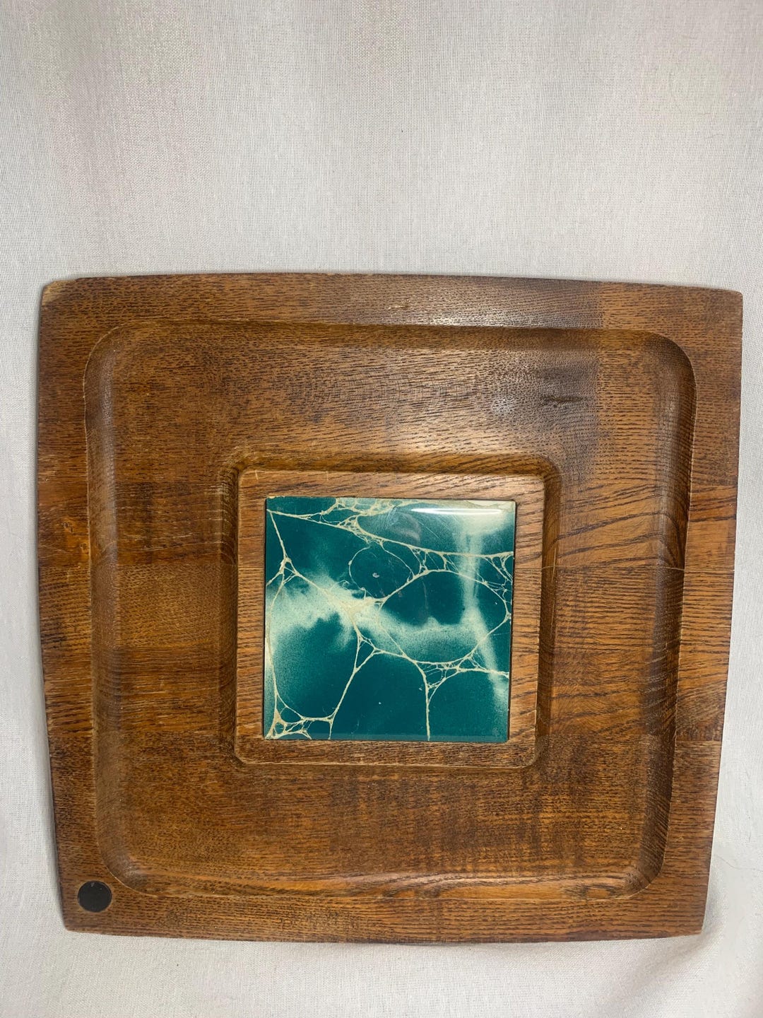 Vintage Wooden Serving Platter With Ceramic Centerpiece - Etsy