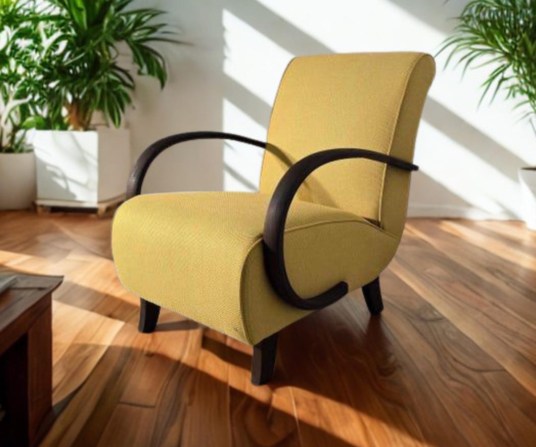 Bold Mustard Lounge Chair With Curved Dark Wood Arms – Retro-inspired ...