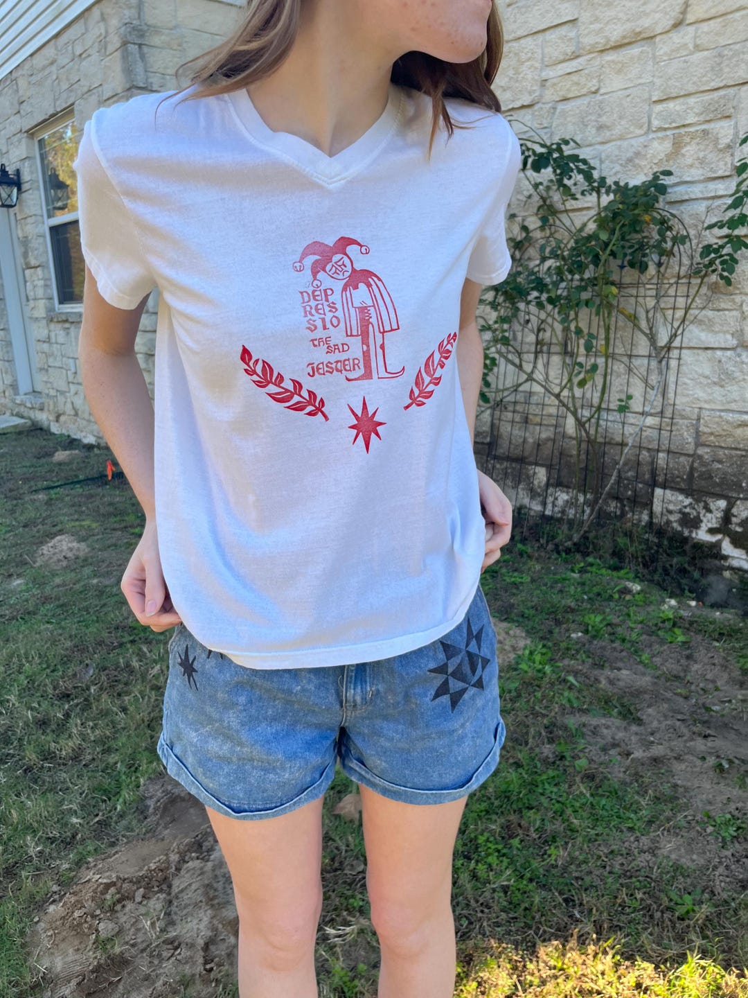 Depressio the Sad Jester - White Block Printed Tee Shirt - Etsy