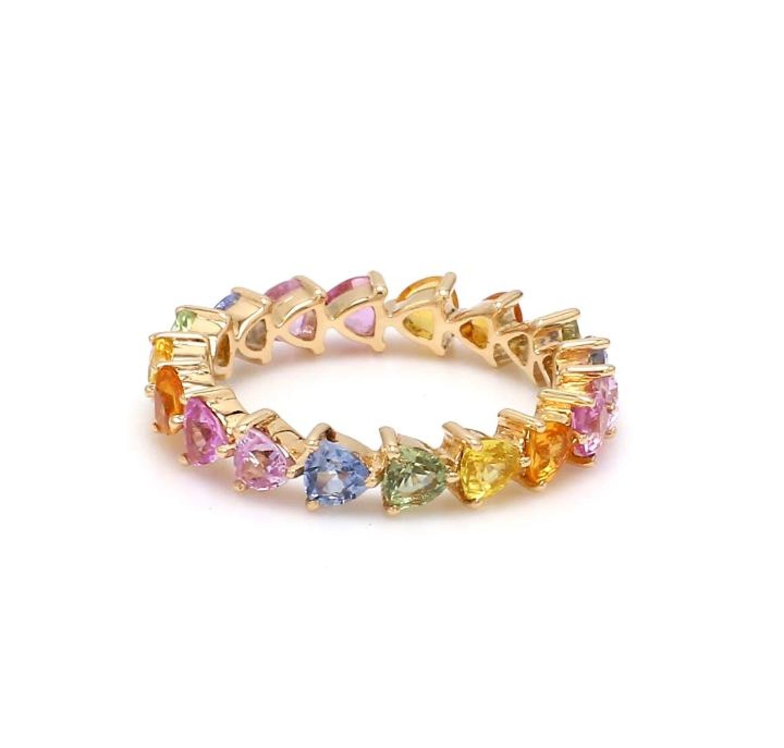 Rainbow Sapphire Trillion Cut Rainbow Pattern Eternity Ring Band 18k ...