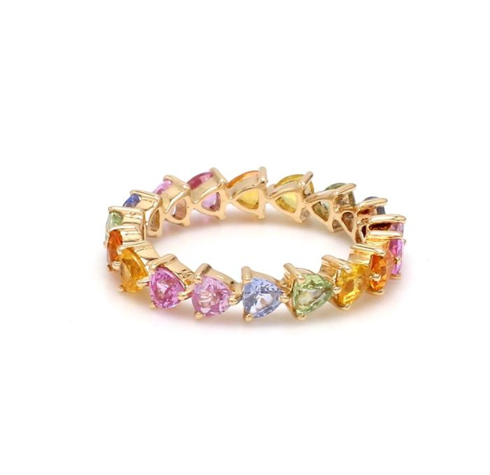 Rainbow Sapphire Trillion Cut Rainbow Pattern Eternity Ring Band 18k ...