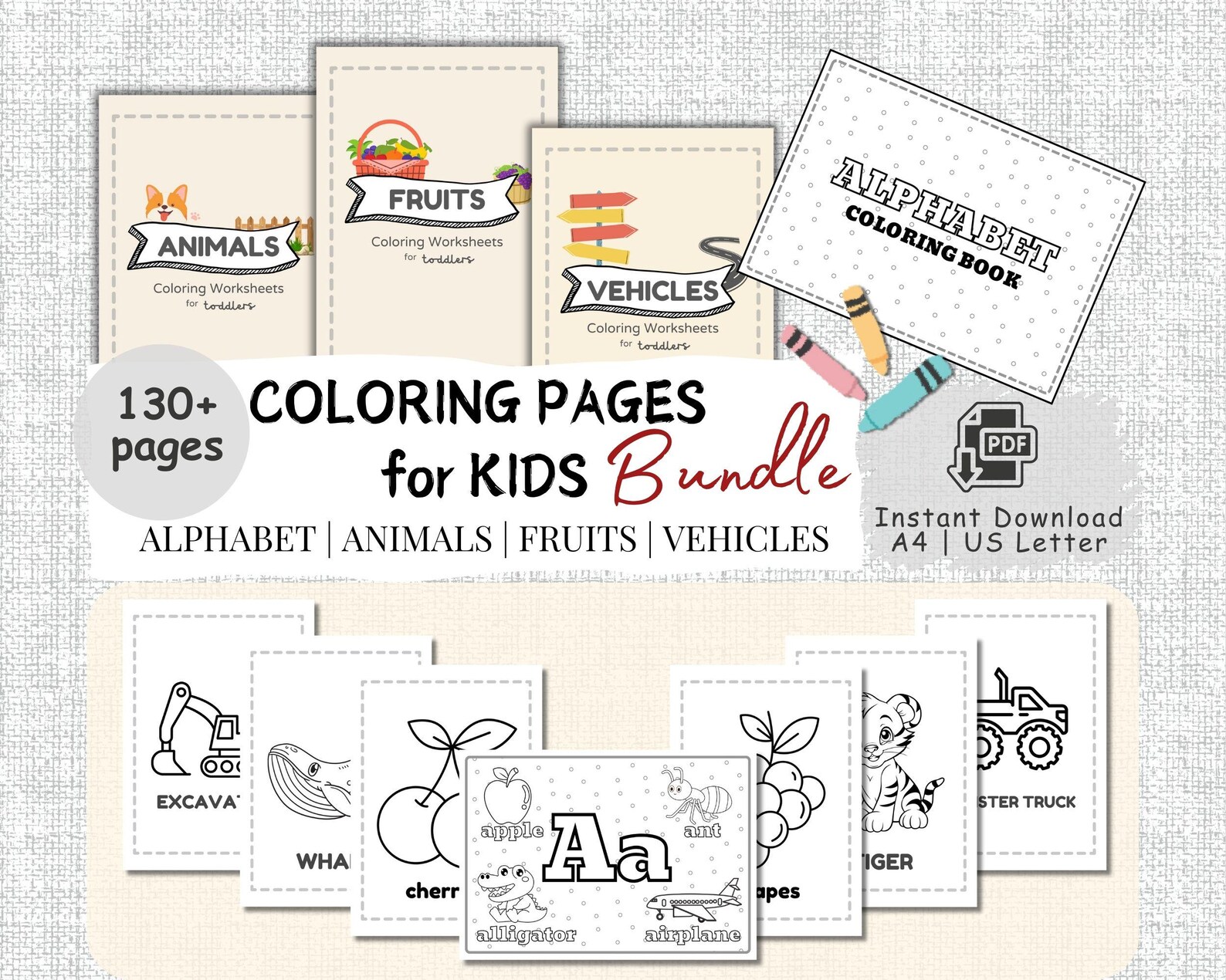Kids Coloring Pages, Coloring Book Bundle Sheets, Alphabet Animal ...