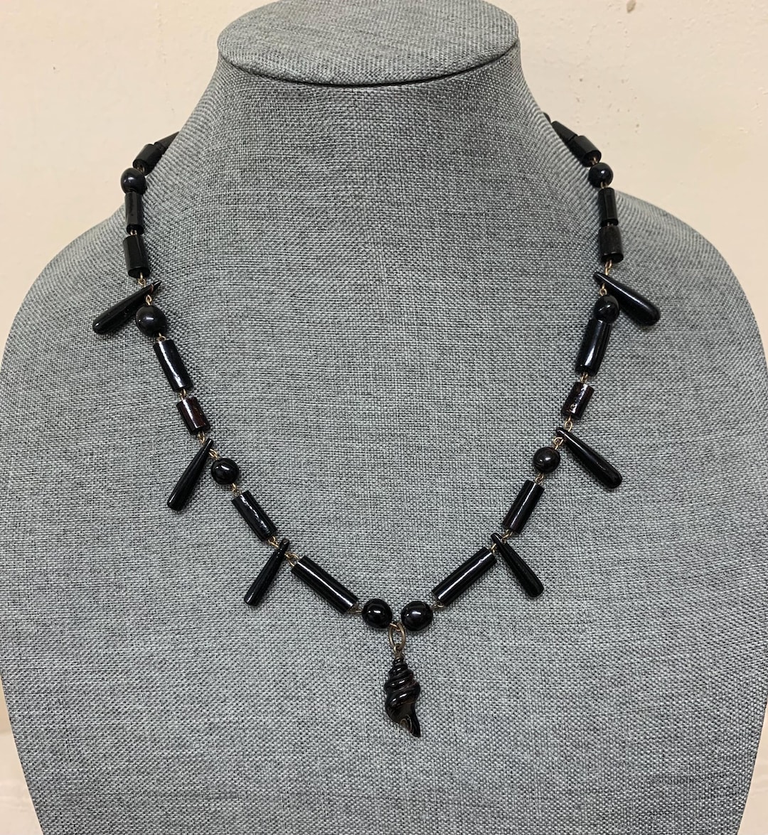 Vintage Black Coral With Carved Shell Pendant Necklace Handmade - Etsy