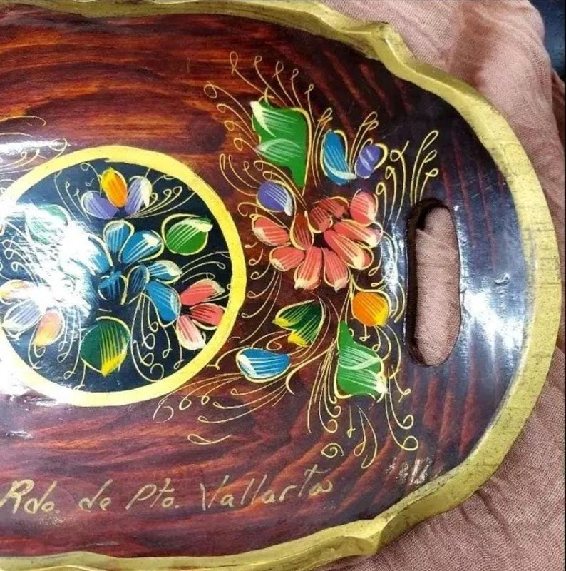 Mexican Folk Art Batea Wooden Tray Oval Bowl Hand Painted Rdo De Pto ...