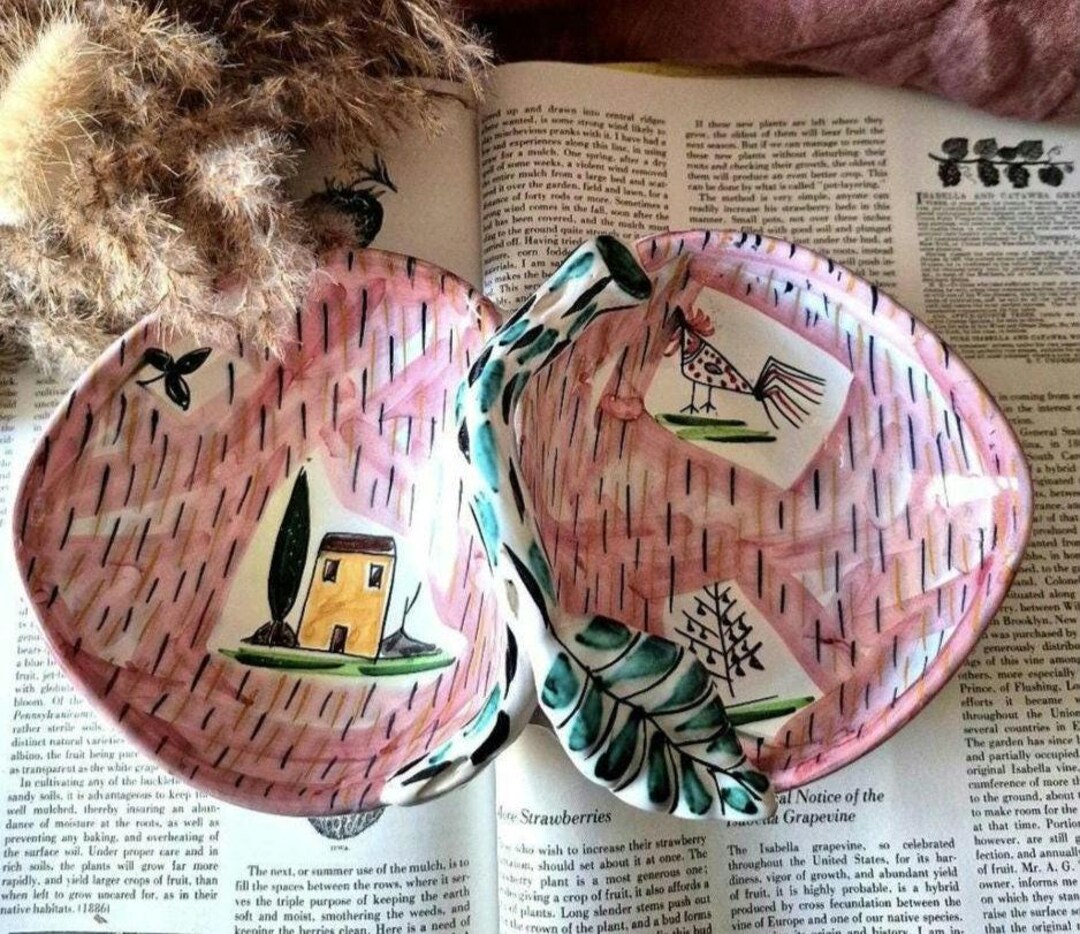Vtg ITALY Ceramic Hand Painted Country Side Divided Dish-nut Candy Bowl ...