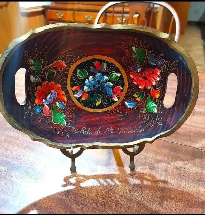 Mexican Folk Art Batea Wooden Tray Oval Bowl Hand Painted Rdo De Pto ...