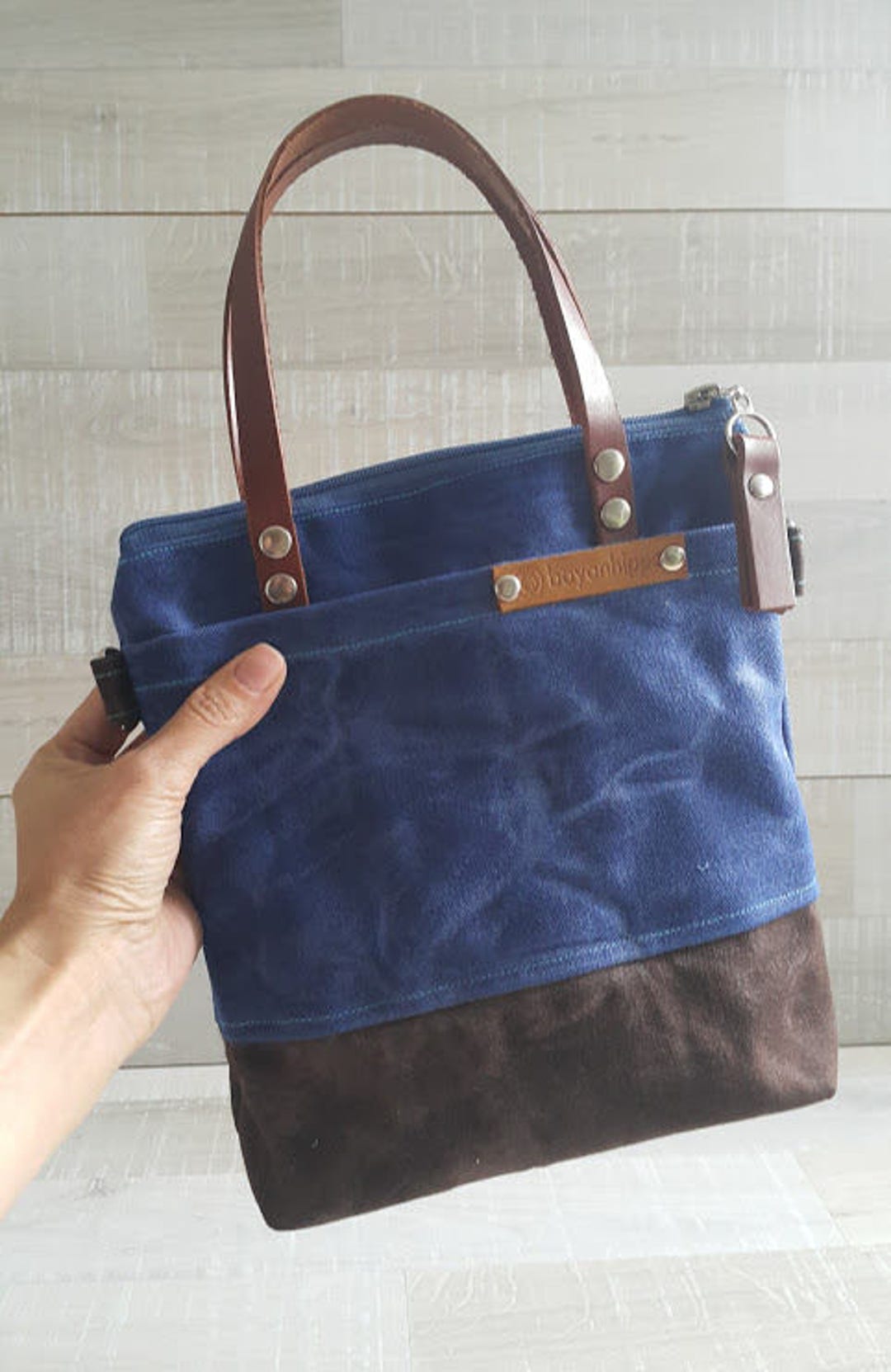 Mini WAXED CANVAS TOTE in Blue and Brown Zippered, Unisex, Small Bag ...