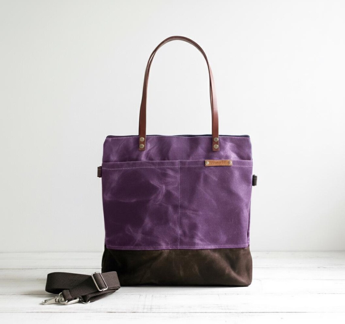 Handmade Waxed Canvas Tote: Plum Purple & Brown Colorblock, Leather ...