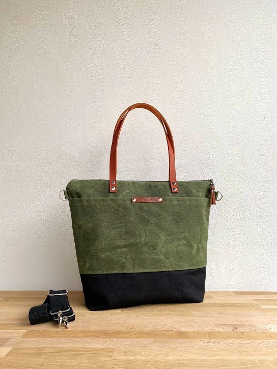 ALINDA Waxed Canvas LARGE Shoulder and Messenger Tote Bag - Black and ...