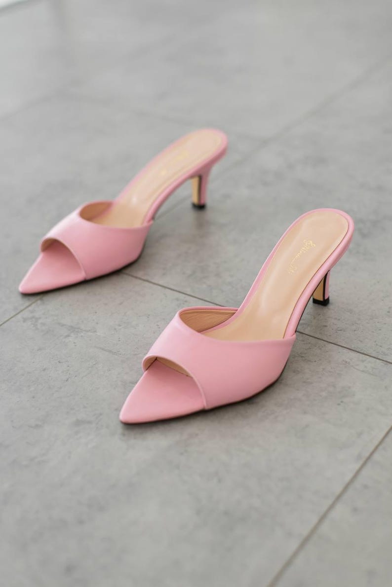 Pink Mules With Low Kitten Heel and Pointy Toe, Suede Slippers With ...